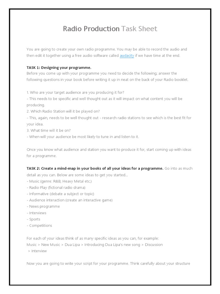 Radio Production Task Sheet Year 9 | Audience | Radio