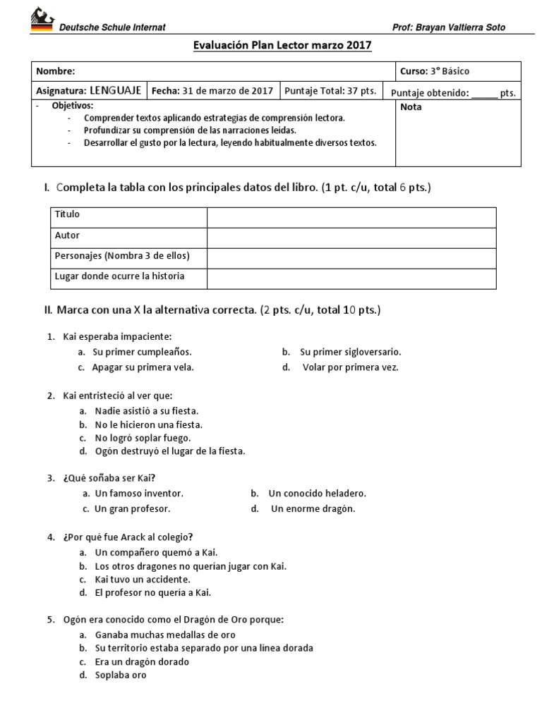 Control de Lectura 3° Lenguaje 2017 El Viaje de de Kai | PDF