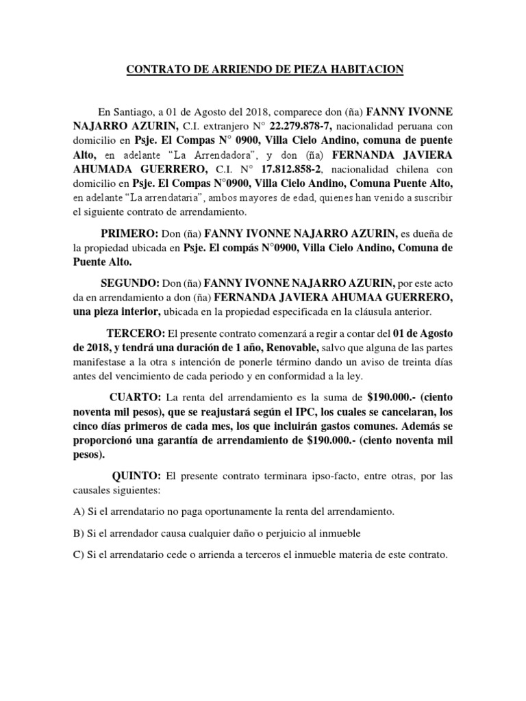 Contrato de Arriendo de Pieza Habitacion | PDF | Alquiler | Gobierno