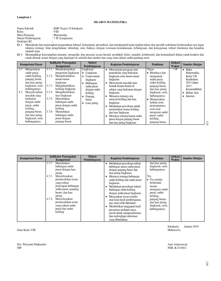 Lampiran 2 - 3.1. SILABUS MATEMATIKA KELAS VIII LINGKARAN - Revisi 2 (SIZE BEDA) | PDF