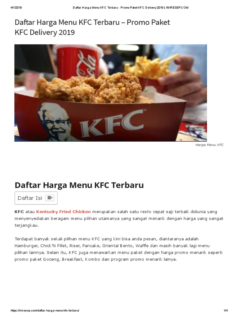 Daftar Harga Menu KFC Terbaru 2019 | PDF