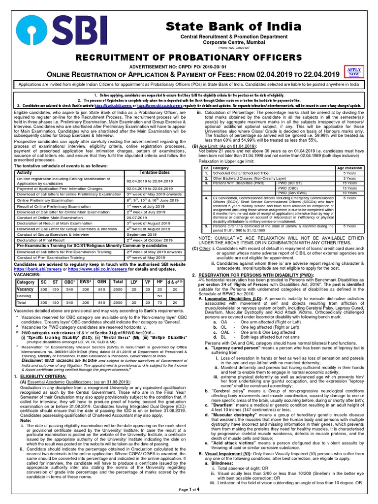 SBI PO Notification 2019 | PDF | Hearing Loss | Visual Impairment
