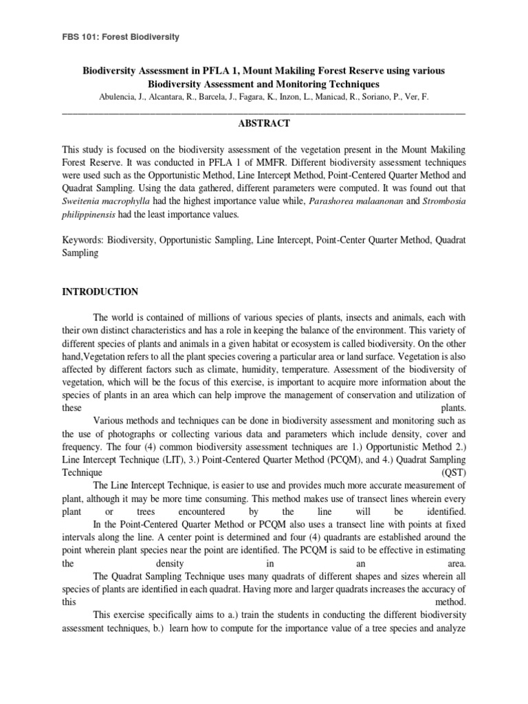 Biodiversity Assessment In Pfla 1 Mount Makiling Forest Reserve Using