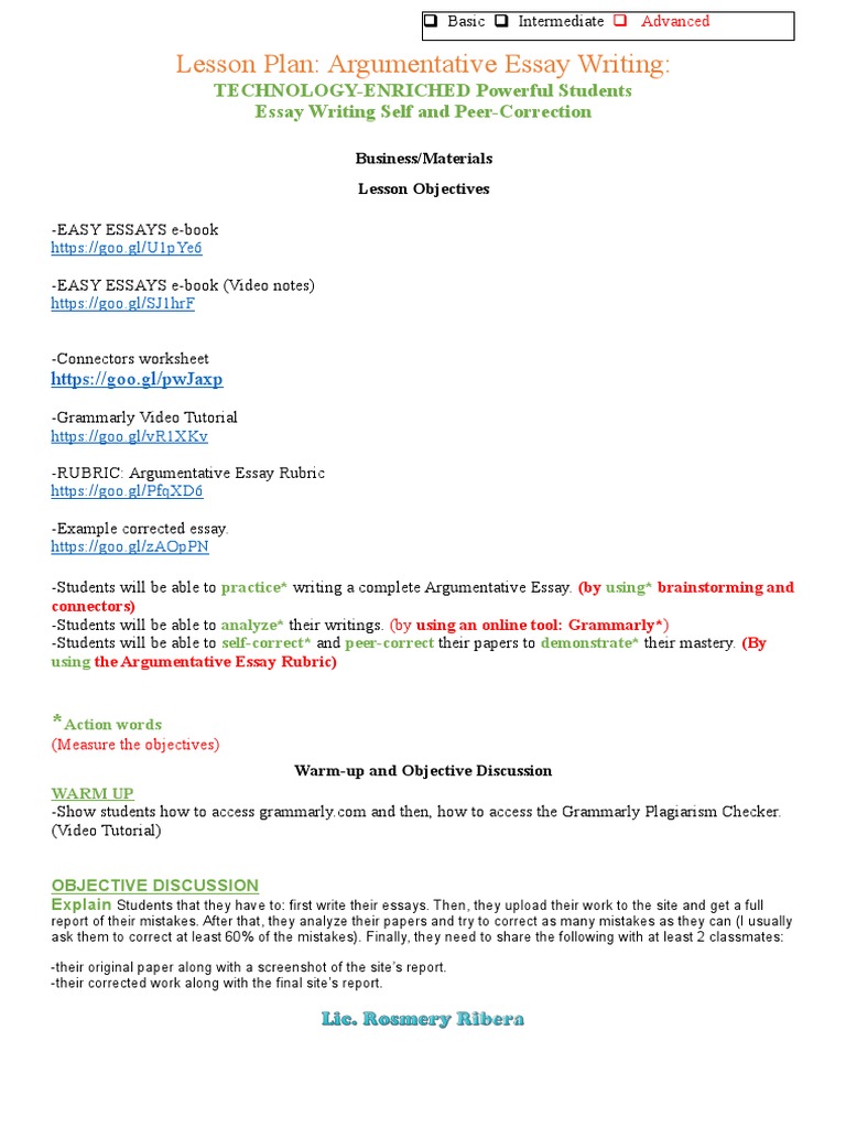 Lesson - Plan - Template - ARGUMENTATIVE ESSAY POWERFUL STUDENTS | PDF ...