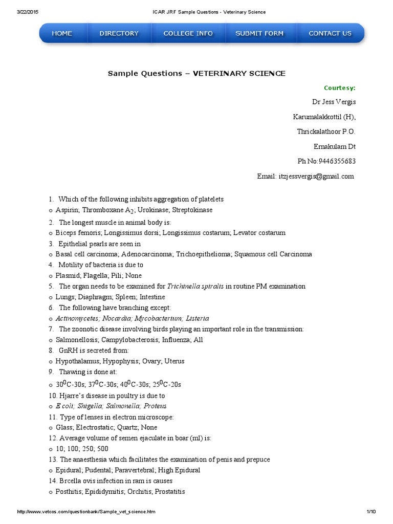 ICAR JRF Sample Questions - Veterinary Science | PDF | Influenza A ...