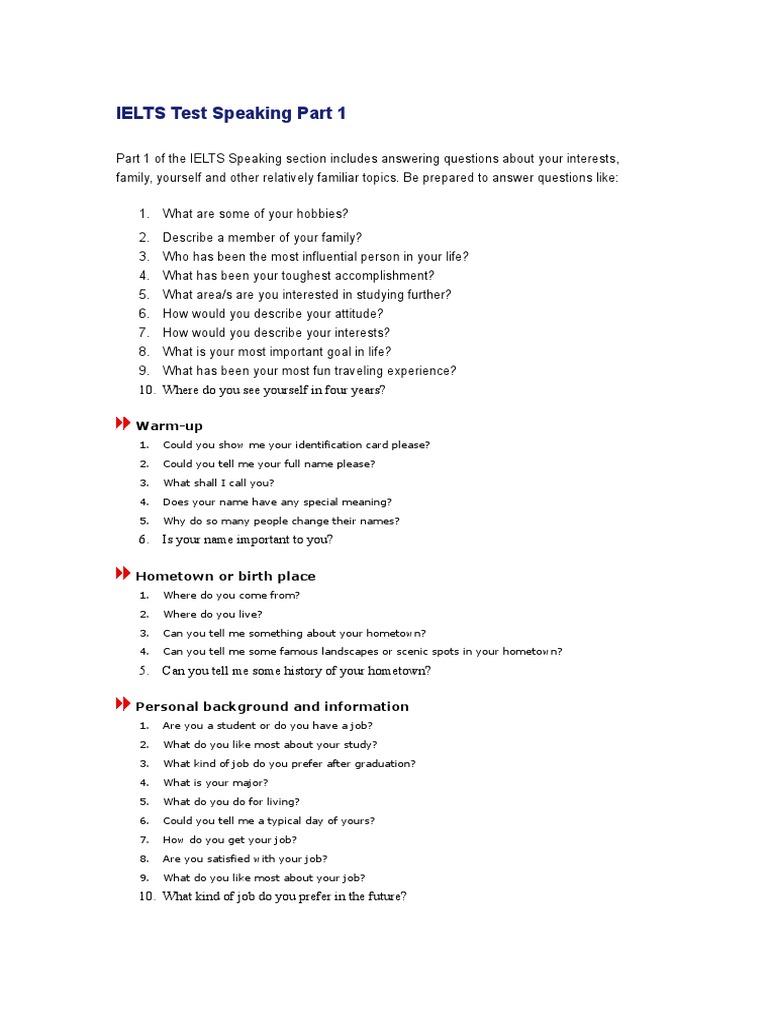IELTS Test Speaking Part 1 | PDF | Language Arts & Discipline | Self ...