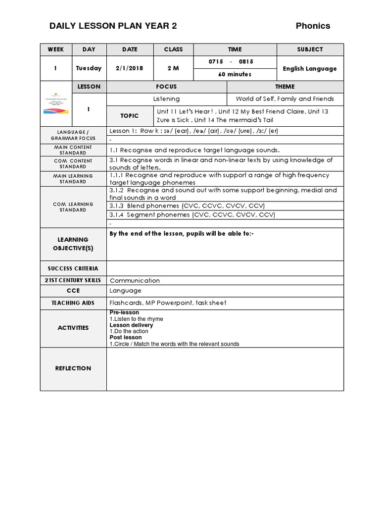 Daily Lesson Plan Year 2 Phonics | PDF | Phonics | Lesson Plan