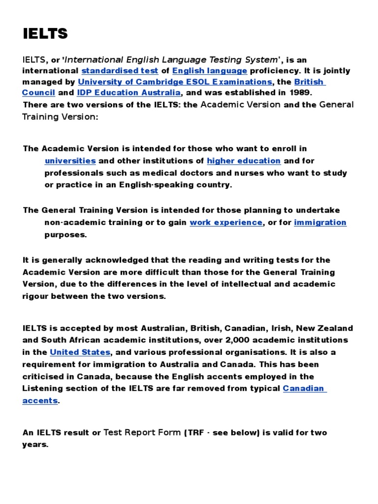 IELTS Wikipedia | PDF | International English Language Testing System ...