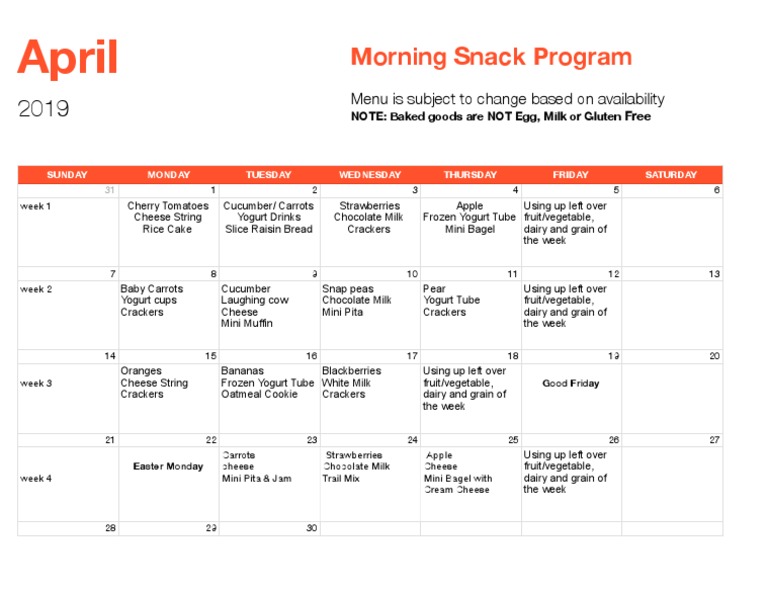 April Monthly Snack Schedule | PDF | Yogurt | Cracker (Food)