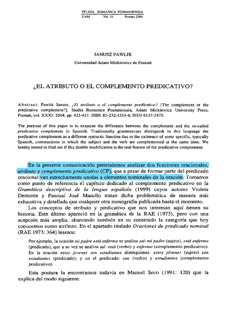 ¿El Atributo o El Complemento Predicativo? | PDF | Verbo | Asunto ...