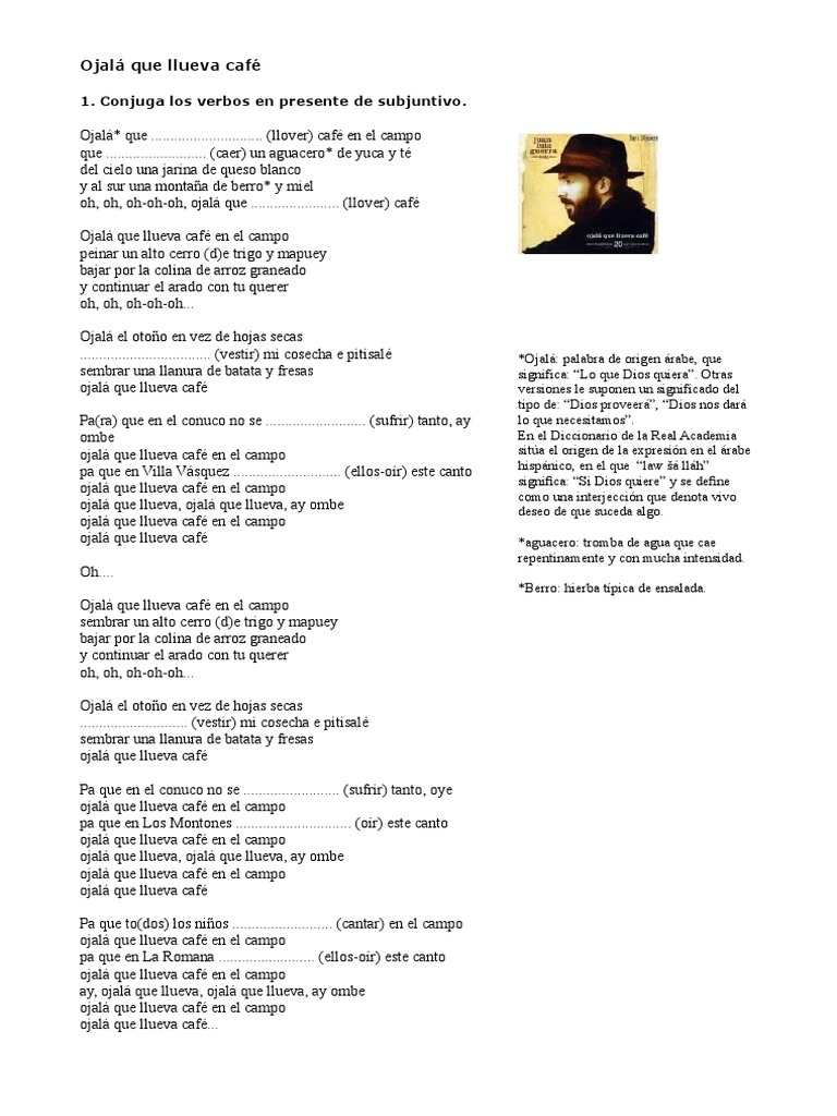 Subjuntivo y vocabulario Canción Ojalá que llueva café | Comida y ...