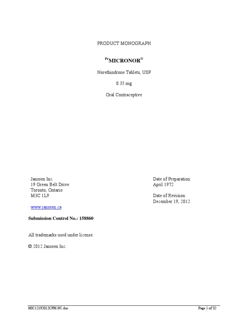 Micronor PM e | PDF | Combined Oral Contraceptive Pill | Birth Control