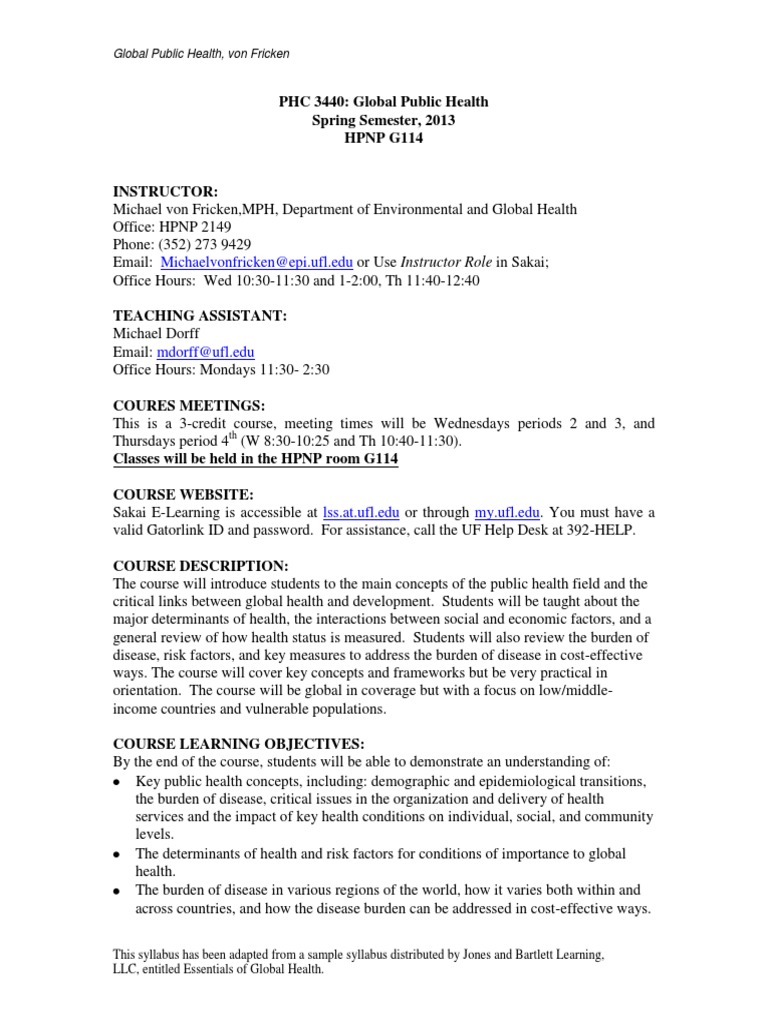 PHC 3440 Global Public Health Syllabus Spring | PDF | Global Health ...