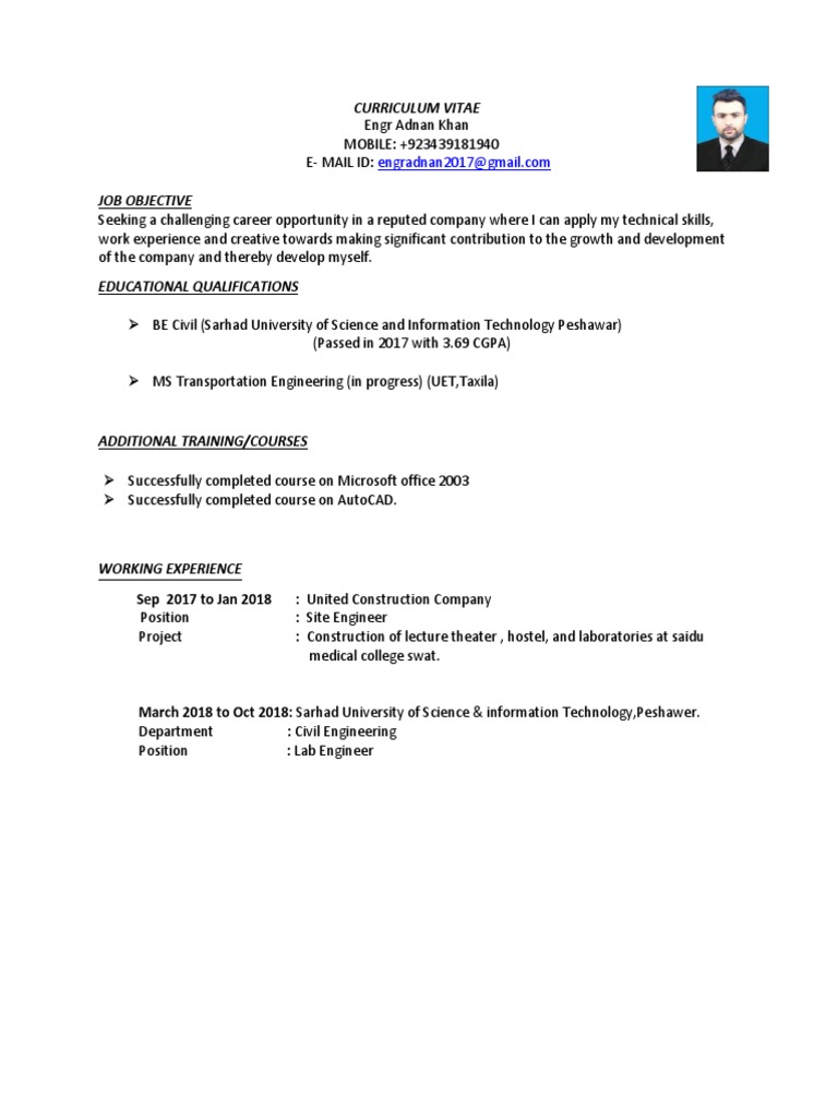 Civil Engineer CV Format | PDF | Communication | Behavior Modification