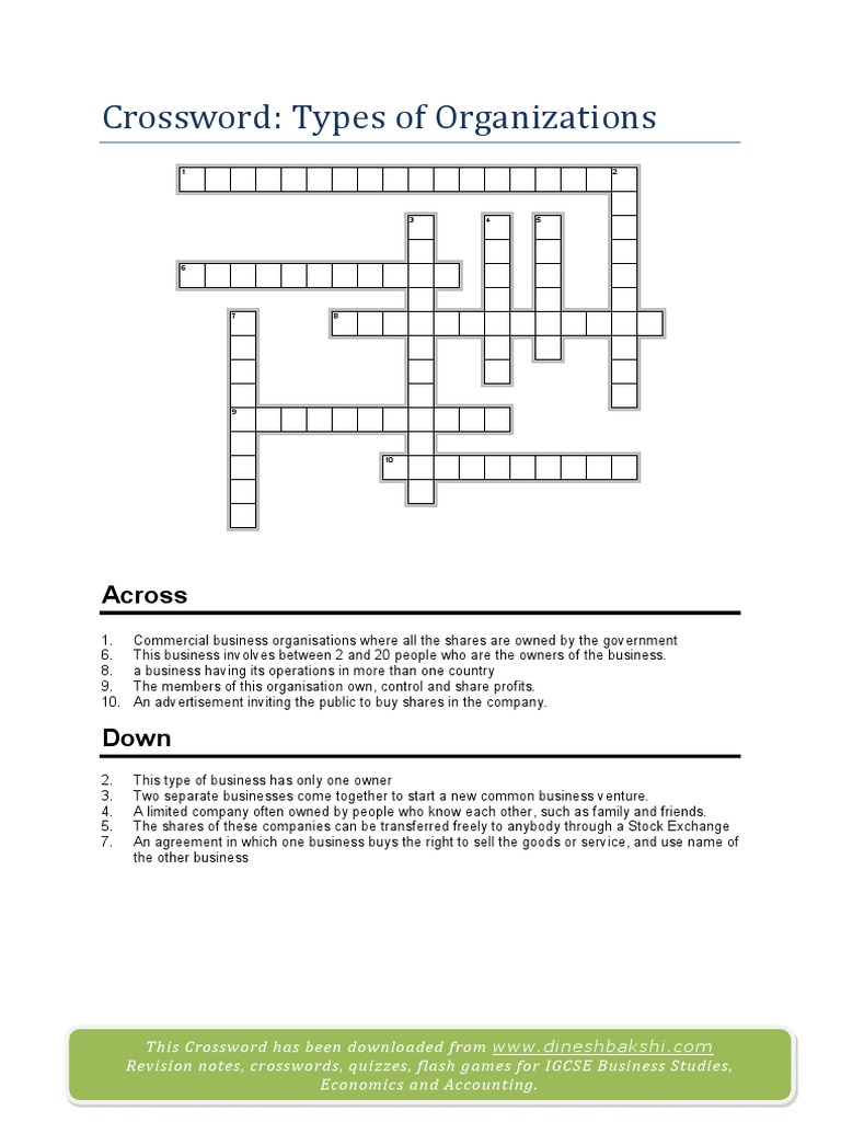 Crossword Types of Organisation | PDF