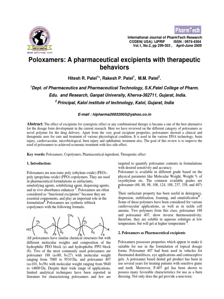 Poloxamers: A Pharmaceutical Excipients With Therapeutic Behaviors ...