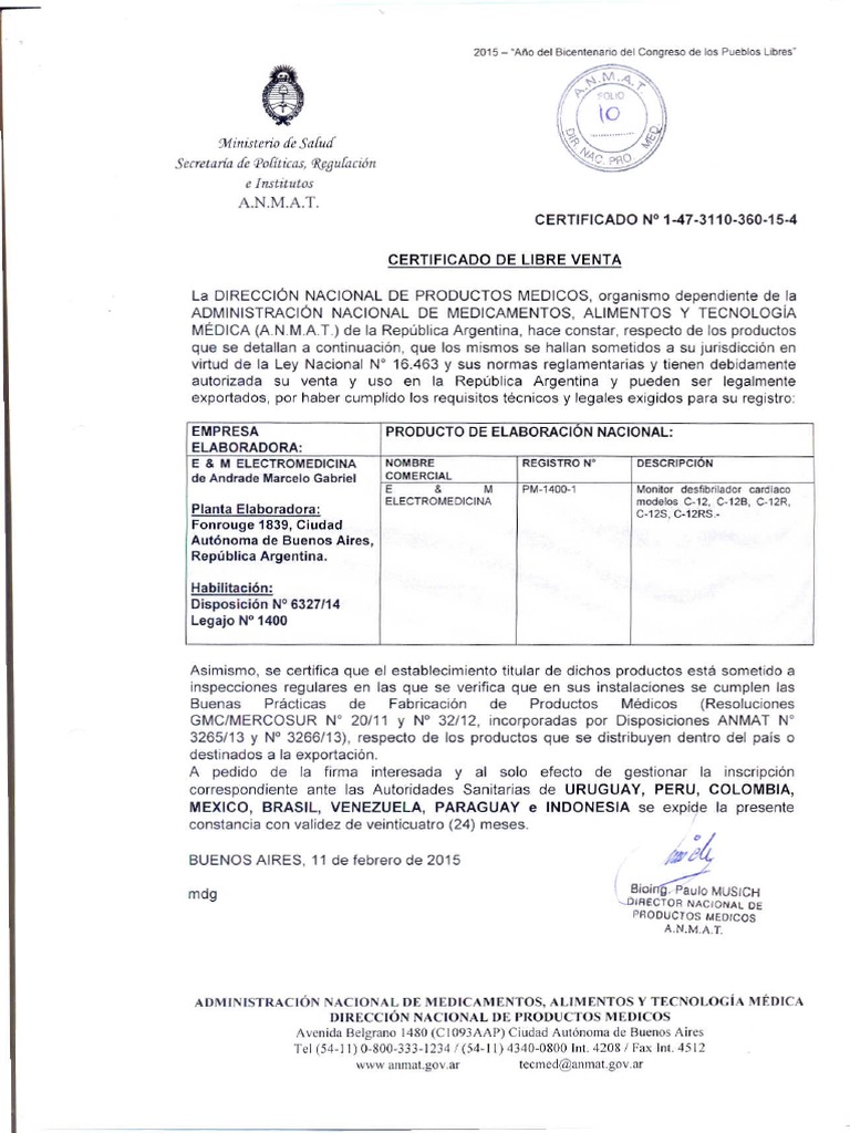 Modelo de Certificado de Libre Venta Argentina | PDF