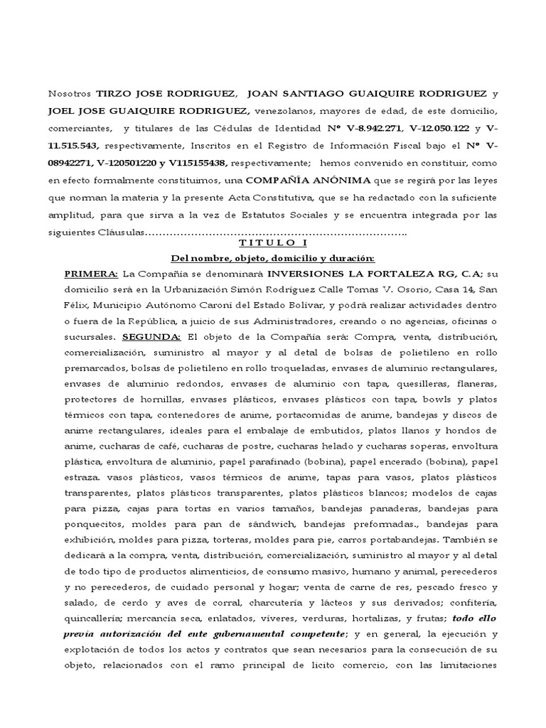 Acta Constitutiva Inversiones La Fortaleza RG | PDF | Compartir (Finanzas) | Venezuela