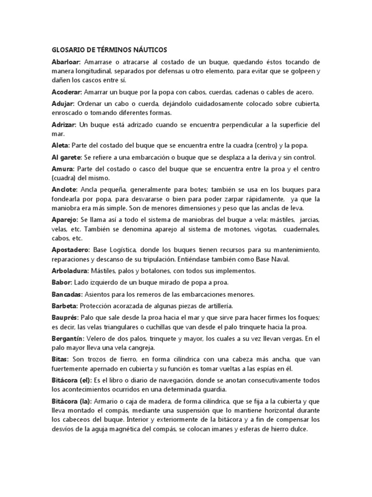 Glosario de Términos Náuticos | PDF | Mástil (Vela) | Aparejo