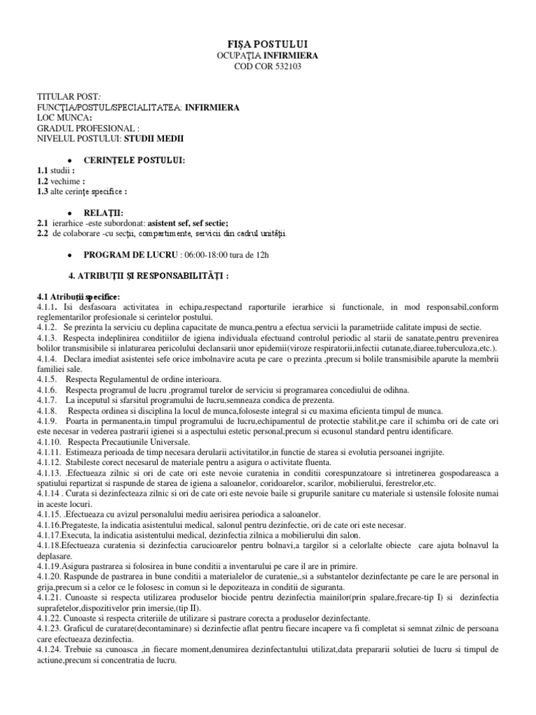 FISA POSTULUI Infirmiera PDF | PDF