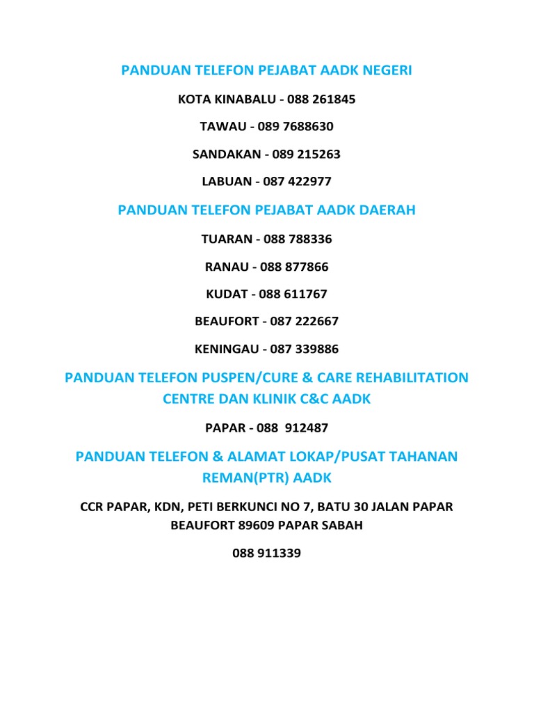 Panduan Telefon Pejabat Aadk Negeri | PDF
