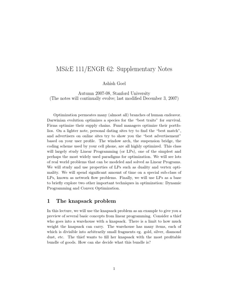 MS&E 111/ENGR 62: Supplementary Notes | PDF | Linear Programming ...