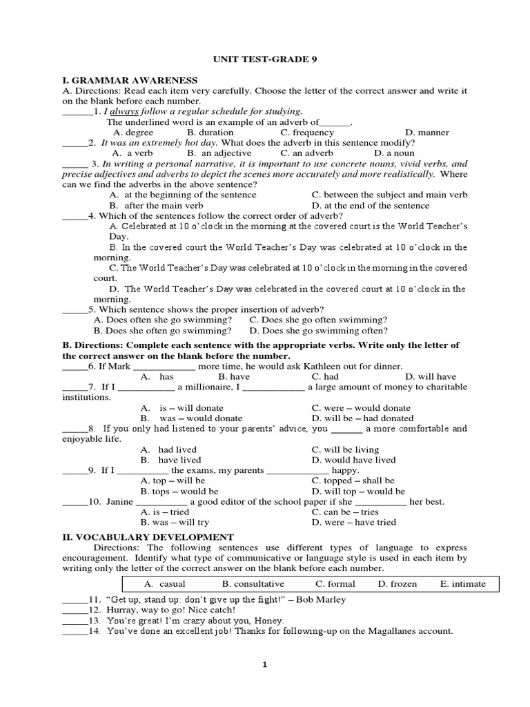 UNIT TEST-Grade 9 2nd Quarter | PDF | Adverb | Verb