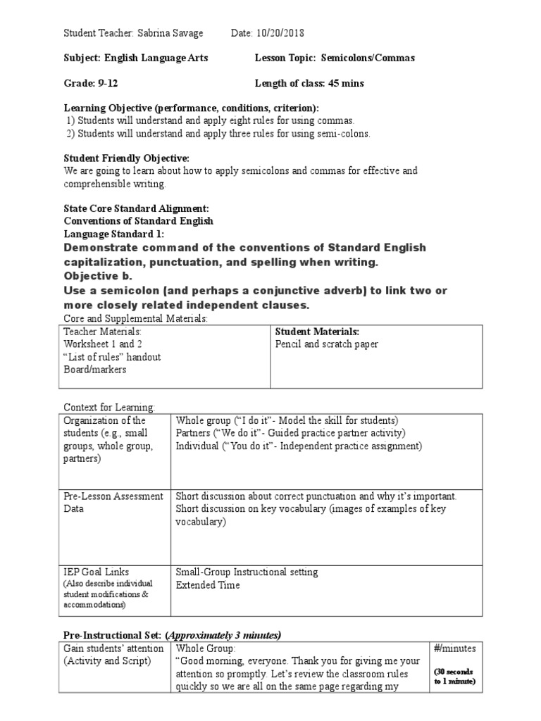 Explicit Instruction Lesson Plan Semi Colons Sabrina Savage-2 | PDF ...