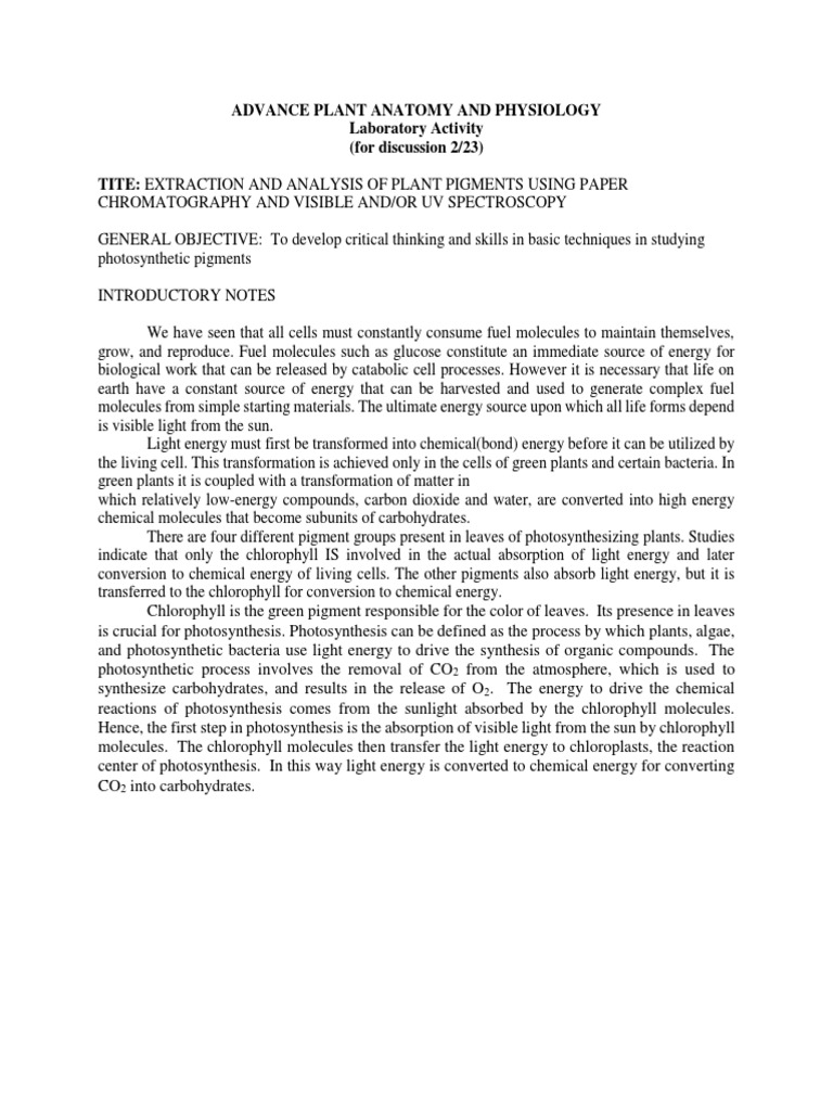 Laboratory 1. ANALYSIS OF PLANT PIGMENTS USING PAPER CHROMATOGRAPHY ...