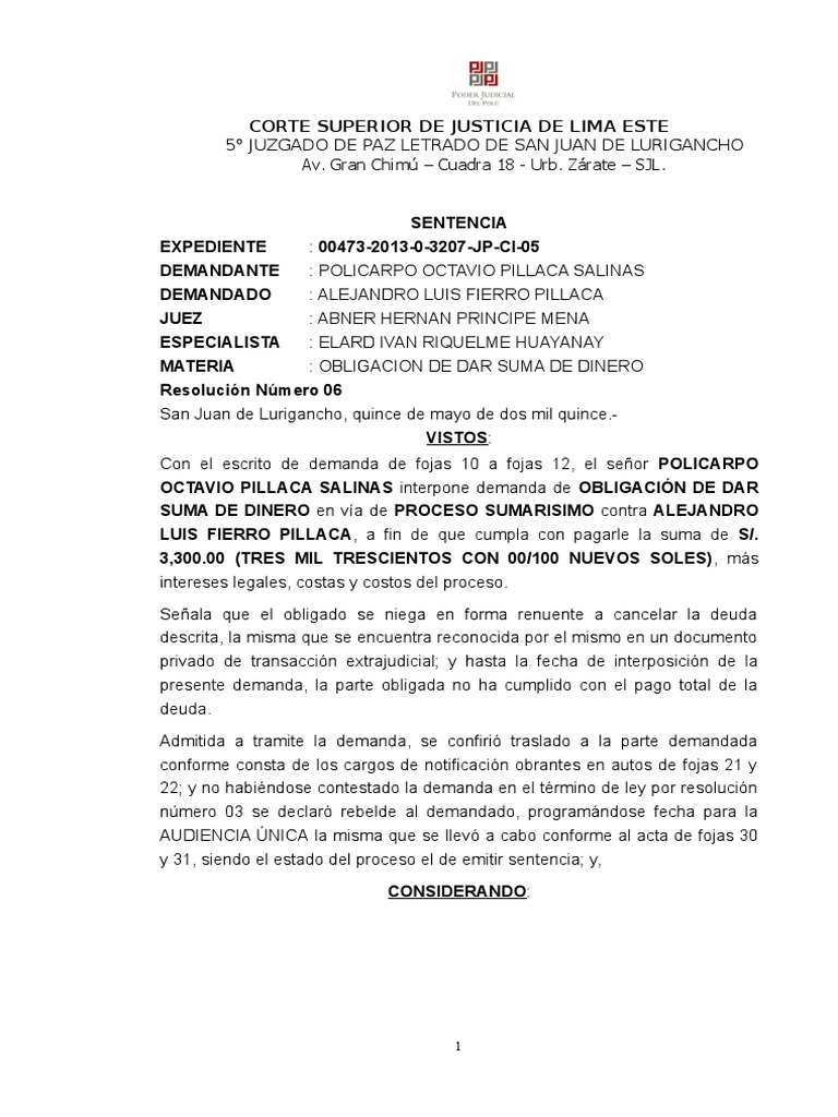 5° Juzgado de Paz Letrado (Sede San Juan de Lurigancho) 00473-2013-0 ...