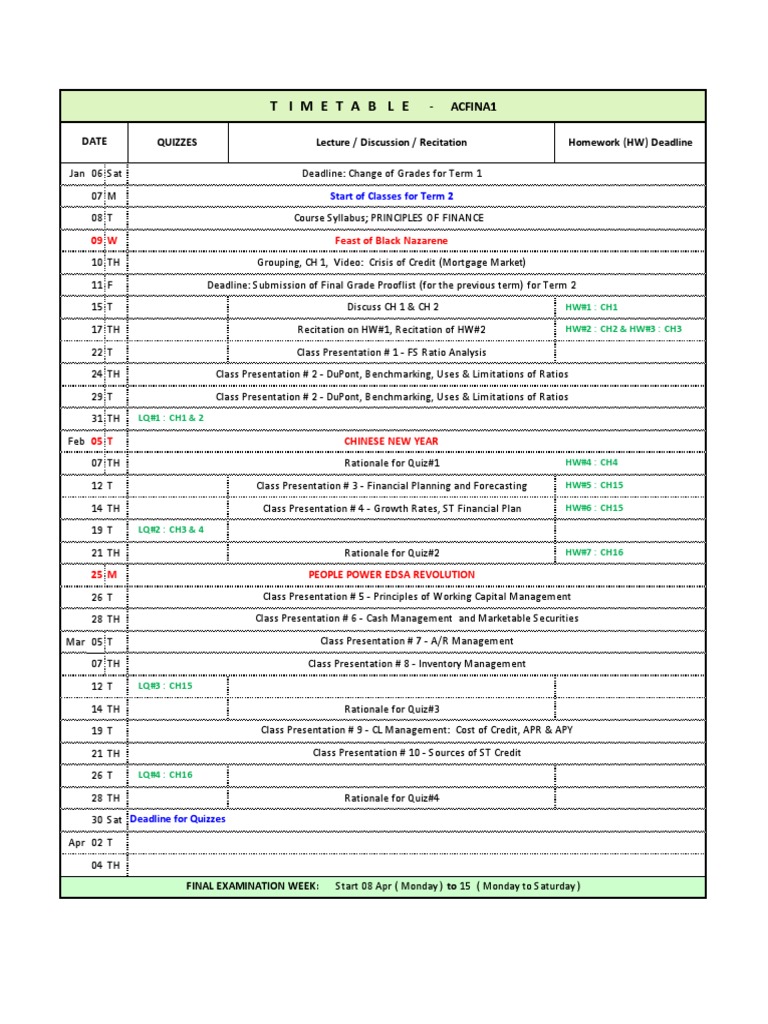 ACFINA1 Timetable | Download Free PDF | Banking | Debt