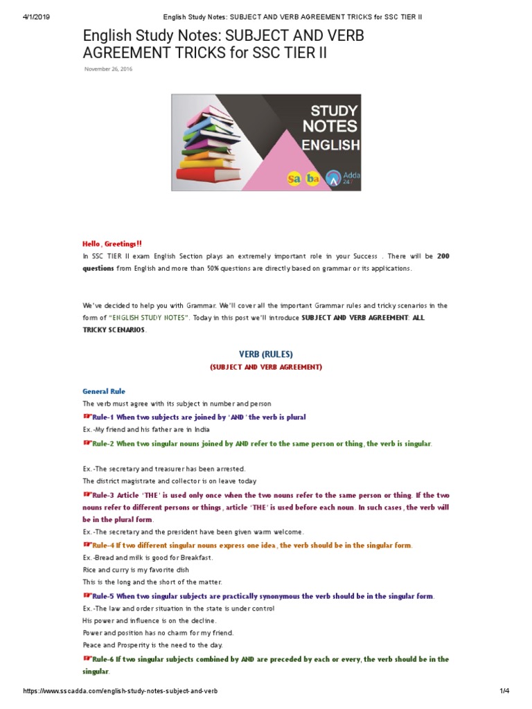 English Study Notes - Subject and Verb Agreement Tricks For SSC Tier II ...