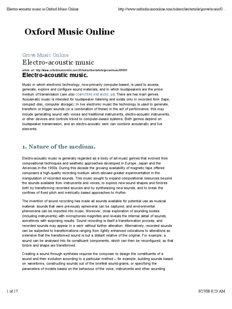 Electro-Acoustic Music Grove Music | PDF | Electronic Music | Synthesizer