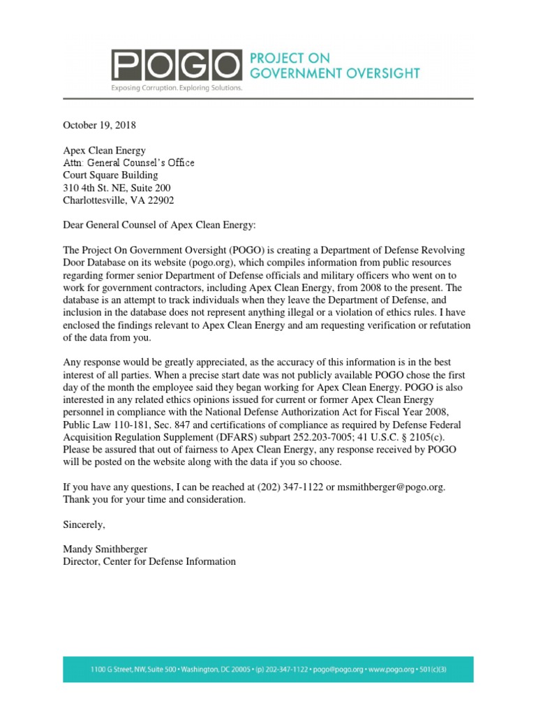 Project On Government Oversight Letter To Apex Clean Energy | PDF ...