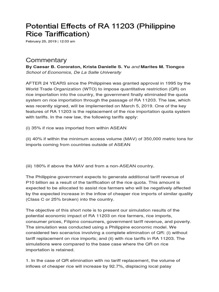 Potential Effects of RA 11203 | PDF | Tariff | Rice