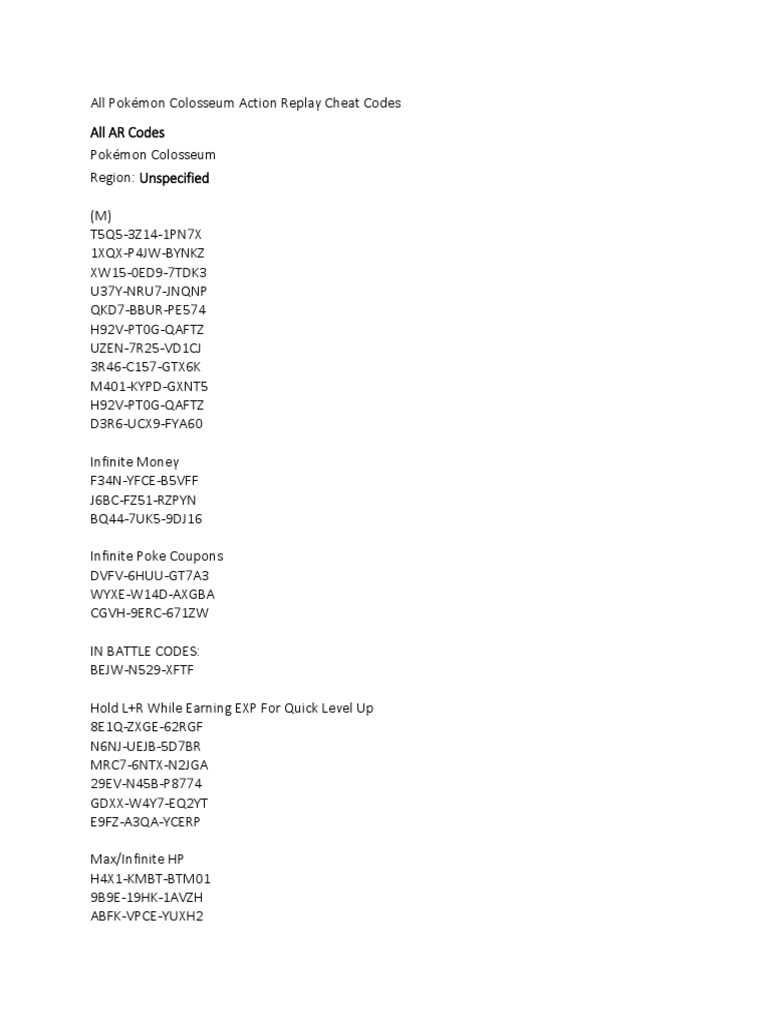PKMN Colosseum Action Replay Cheat Codes | PDF | Pokémon | Nintendo ...