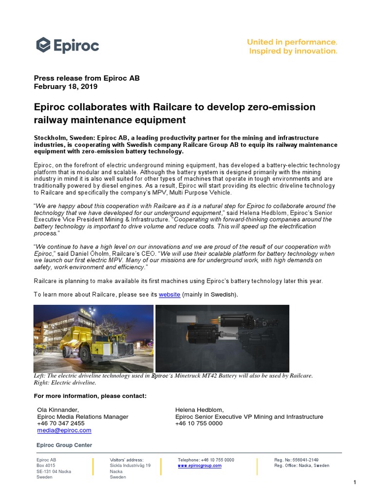 Epiroc Collaborates With Railcare To Develop Zero Emission Railway ...