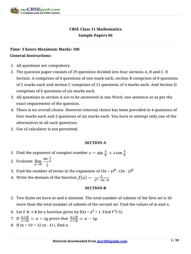 Class 11 Math Sample Paper | PDF | Function (Mathematics) | Elementary ...