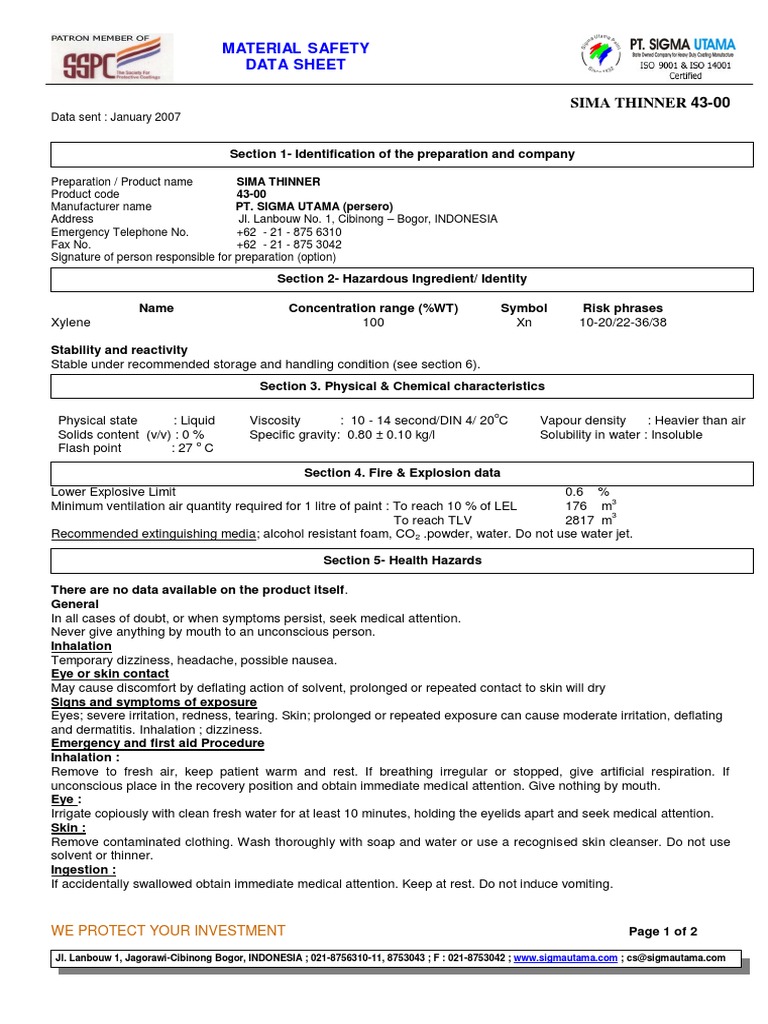 MSDS Thinner 43-00 PDF | PDF | Personal Protective Equipment | Chemistry