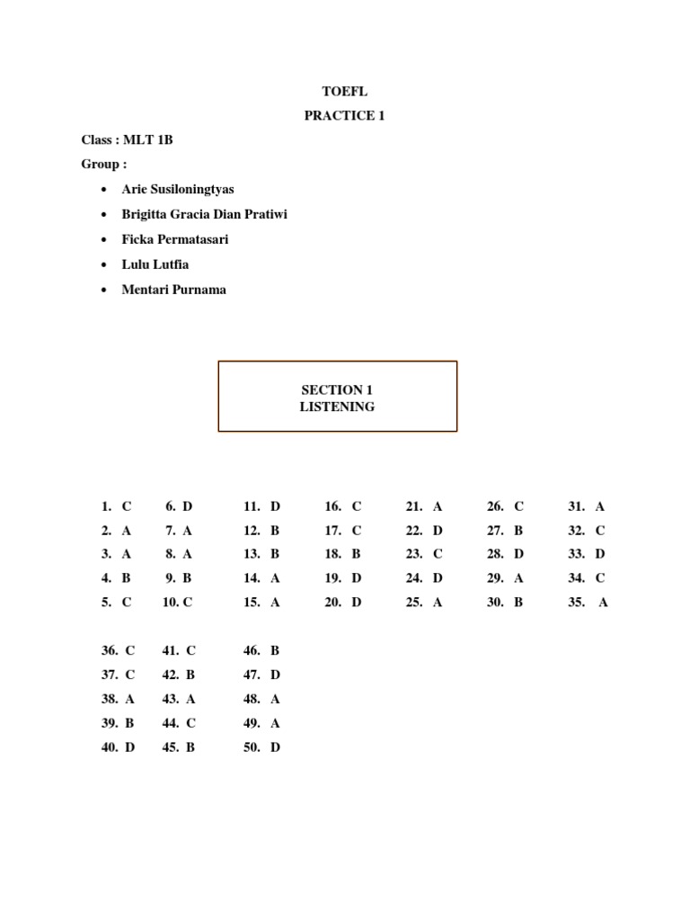 TOEFL Practice 1 Document with Section Breakdowns | PDF