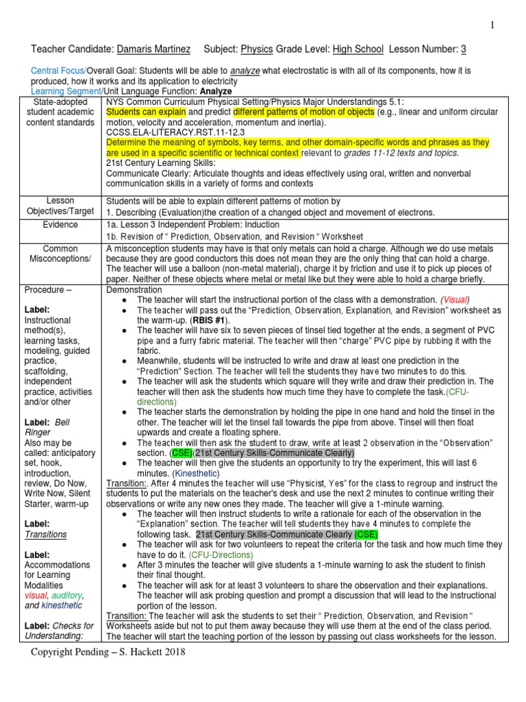 Lesson Plan #3 - Induction of Objects | PDF | Vocabulary | Electric Charge