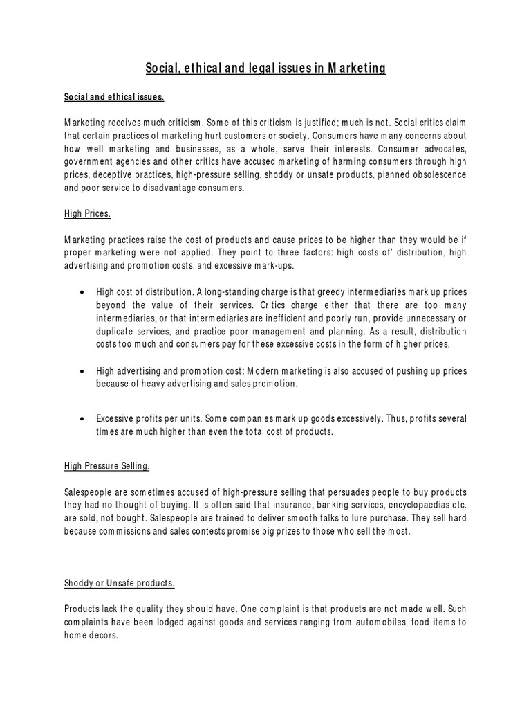 Social, Ethical and Legal Issues in Marketing | PDF | Competition ...