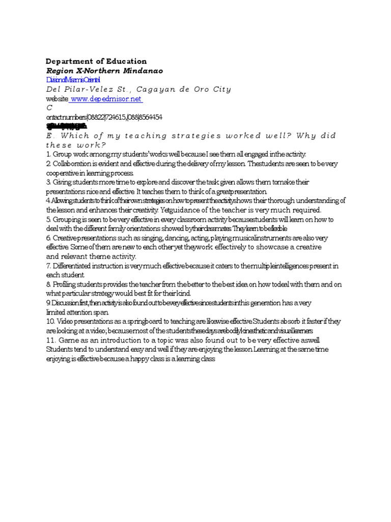 Sample Reflection Statement Document | PDF | Differentiated Instruction ...