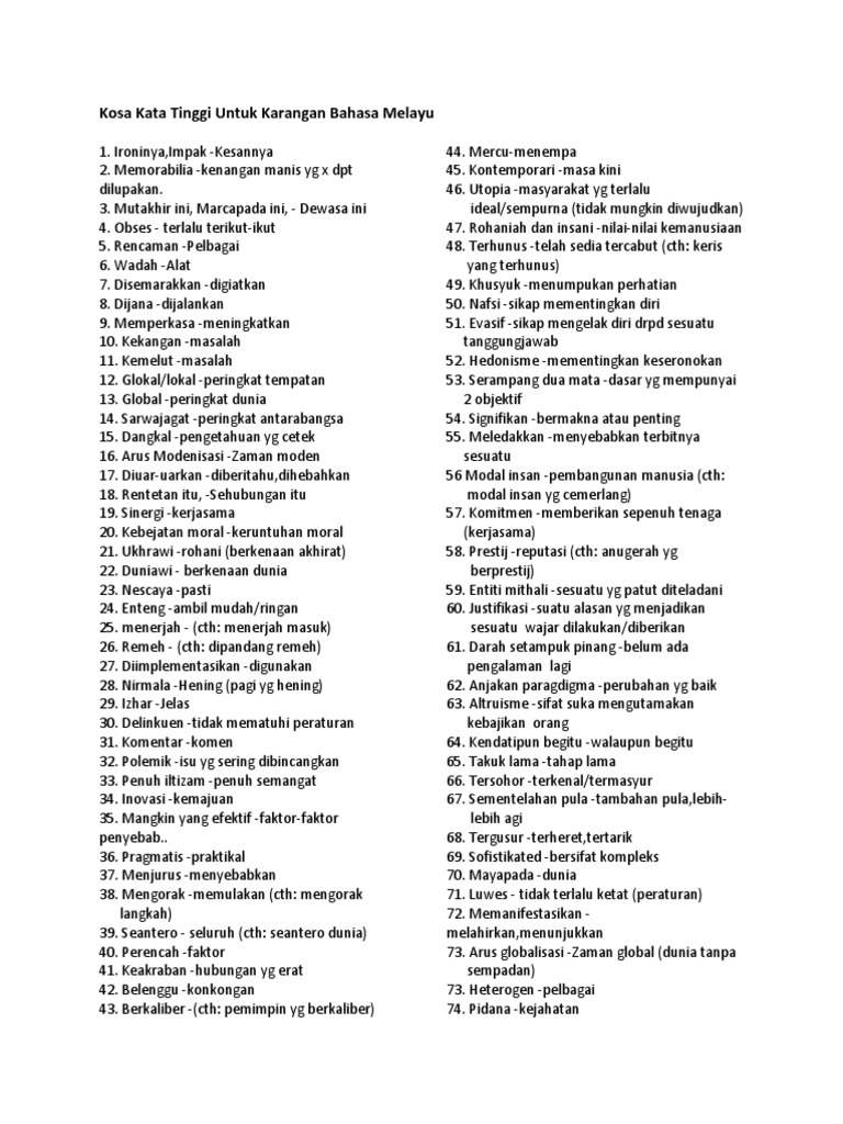 Kosa Kata Tinggi Untuk Karangan Bahasa Melayu | PDF
