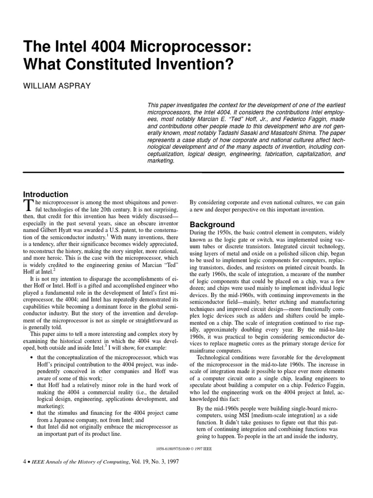 The Intel 4004 Microprocessor: What Constituted Invention?: William ...