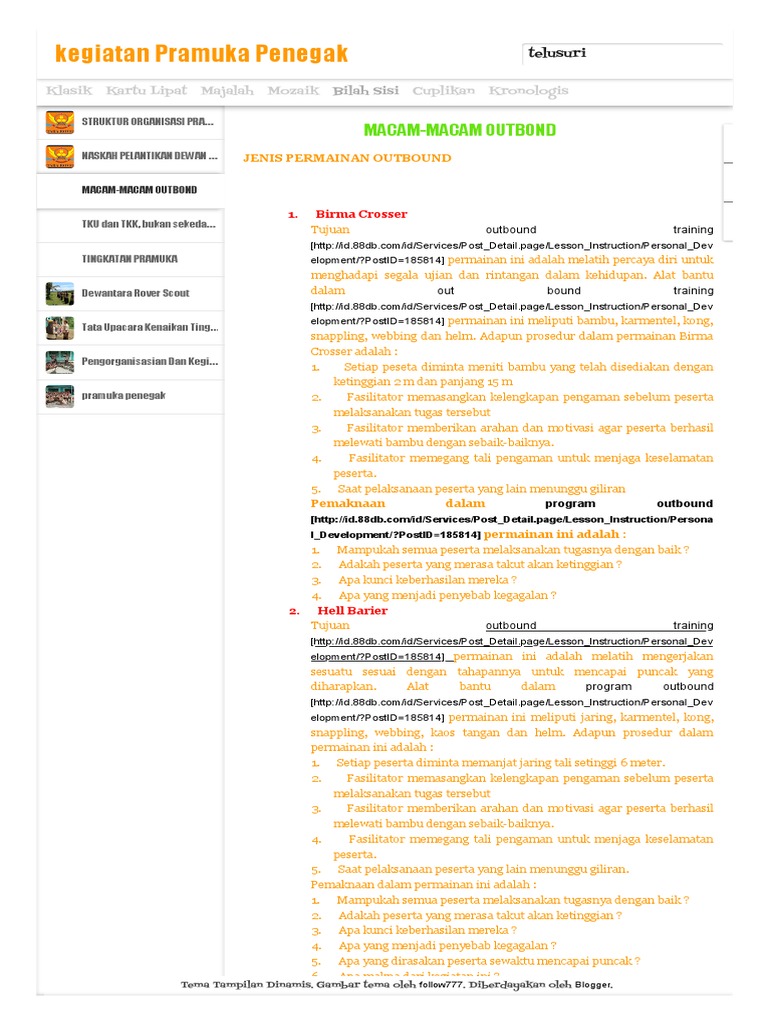MACAM-MACAM OUTBOND - Kegiatan Pramuka Penegak | PDF