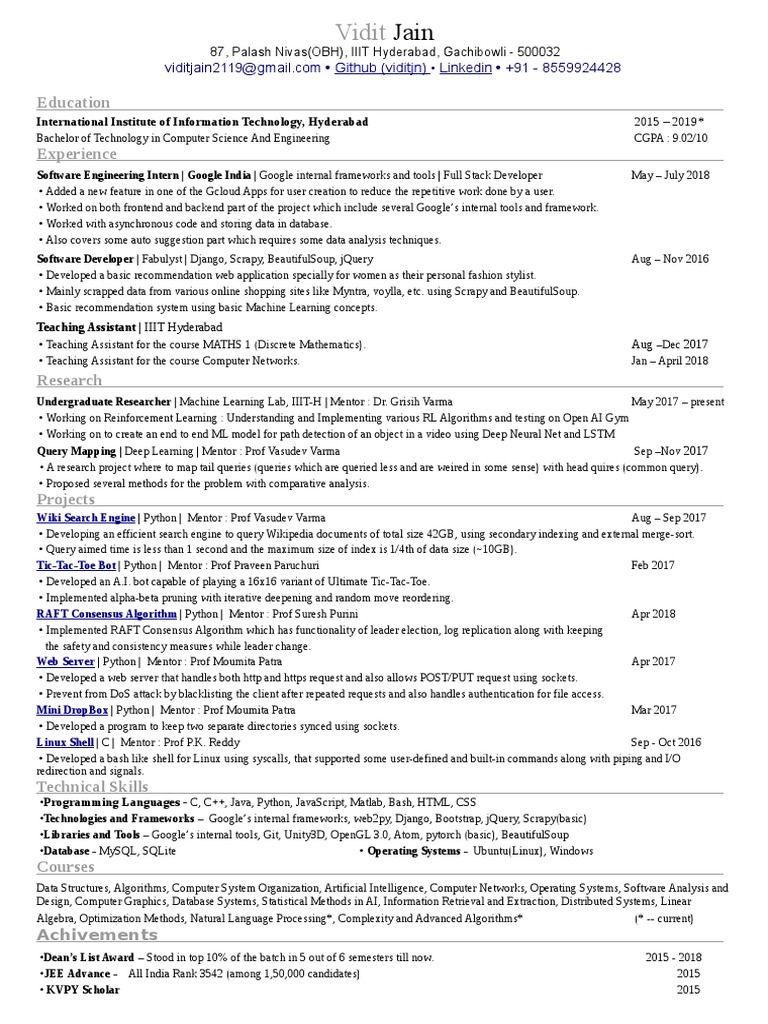 IIIT Hyderabad Graduate Vidit Jain Seeks Software Engineer Role | PDF | Computer Science ...