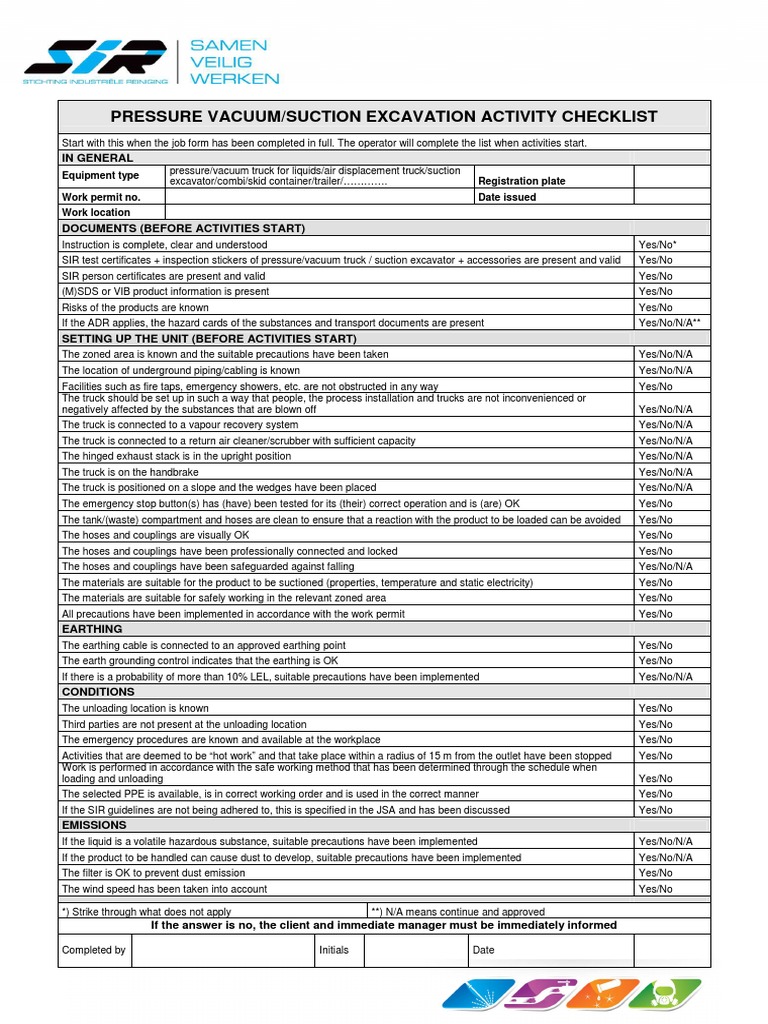 Pressure Vacuum/Suction Excavation Activity Checklist: in General | PDF ...