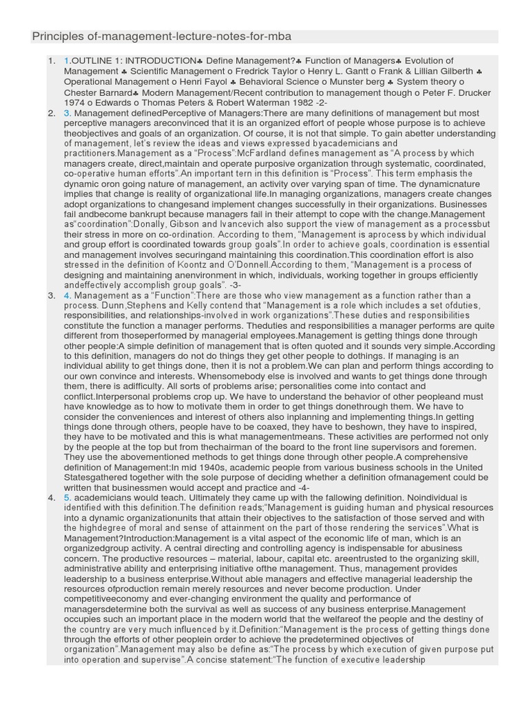 MBA Principles of Management Notes | PDF | System | Leadership
