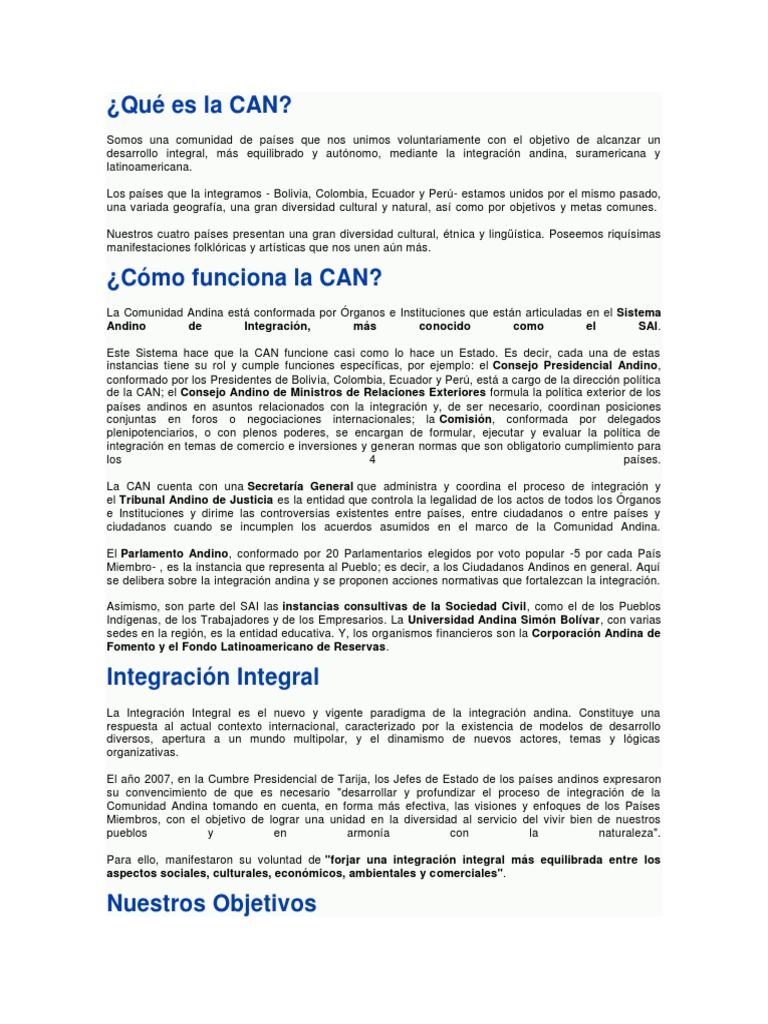 ¿Qué Es La CAN?: Andino de Integración, Más Conocido Como El Sai | PDF ...